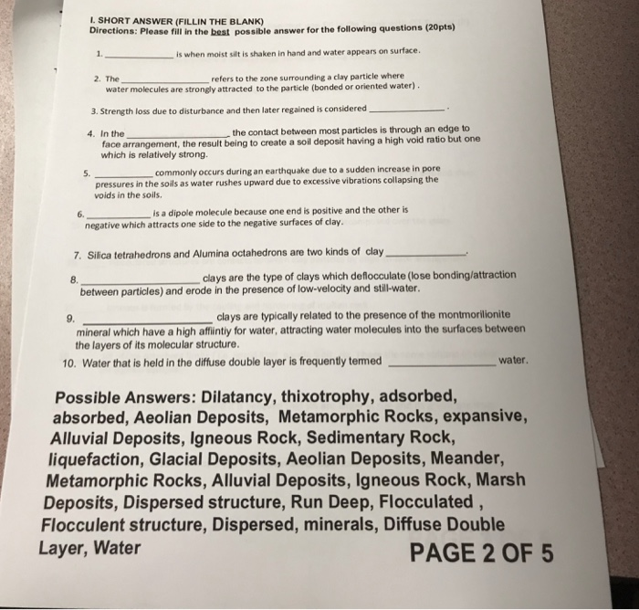 Solved I SHORT ANSWER FILLIN THE BLANK Directions Please Chegg