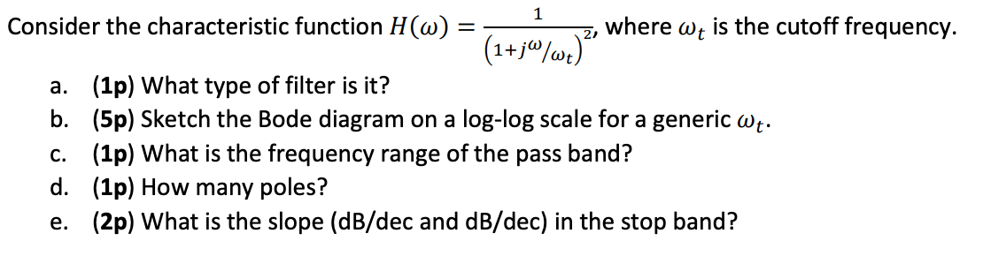 Consider the characteristic function H(ω)=(1+jω/ωt)1, | Chegg.com