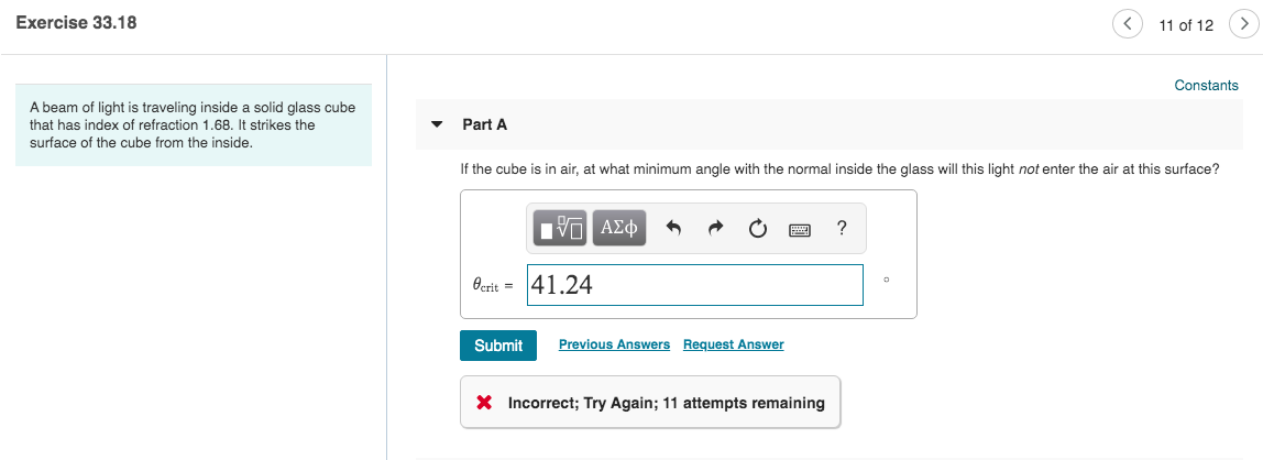 Solved Exercise 33.18 11 of 12 Constants A beam of light is | Chegg.com