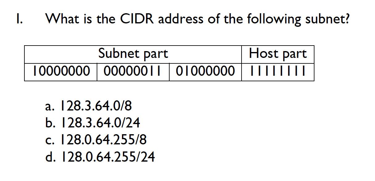 Solved What is the CIDR address of the following subnet? a. | Chegg.com