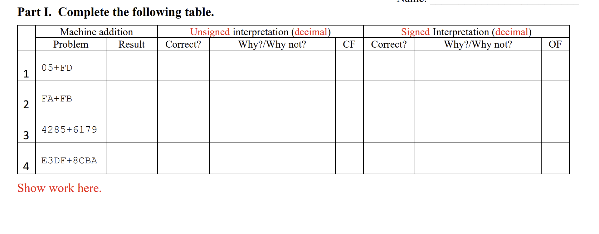 Solved Part I. Complete the following table. Show work here. | Chegg.com