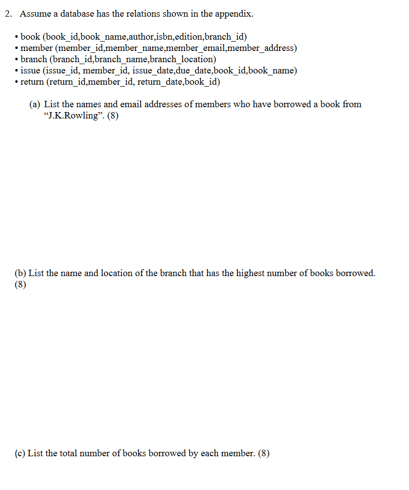 Solved 2. Assume a database has the relations shown in the | Chegg.com