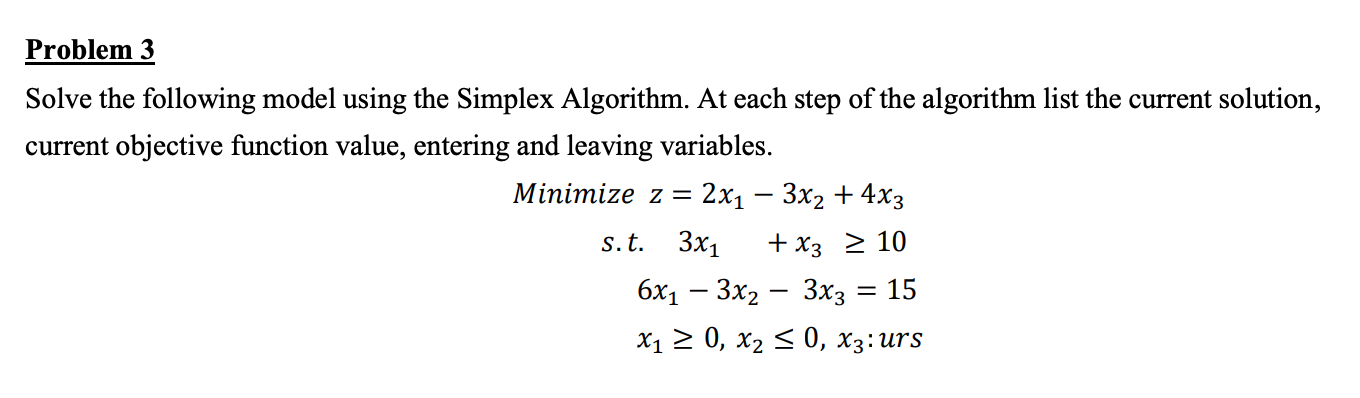 Solved Problem 3 Solve The Following Model Using The Simplex Chegg