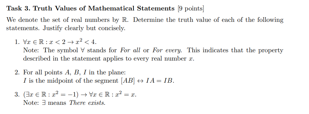 Solved Task 3. Truth Values of Mathematical Statements [9 | Chegg.com
