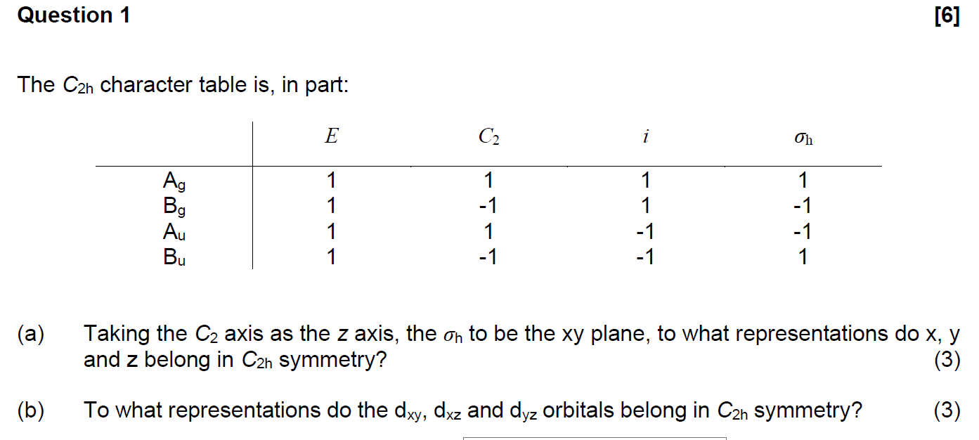 Solved Question 1 [6] The C2h character table is, in part: E | Chegg.com