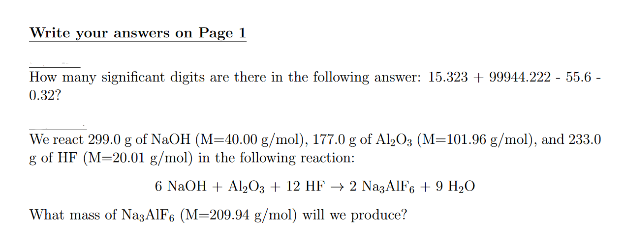 Solved Write your answers on Page 1 How many significant | Chegg.com