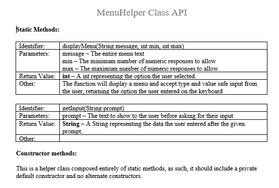 Solved MenuClass Helper API | Chegg.com