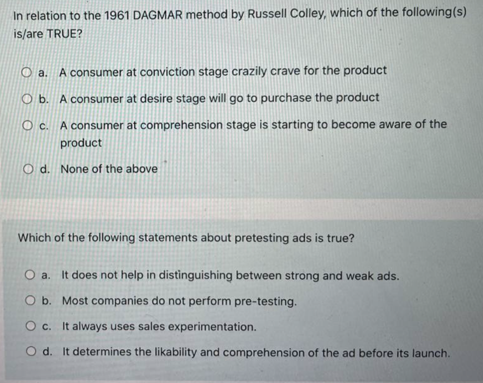 Solved In relation to the 1961 DAGMAR method by Russell | Chegg.com