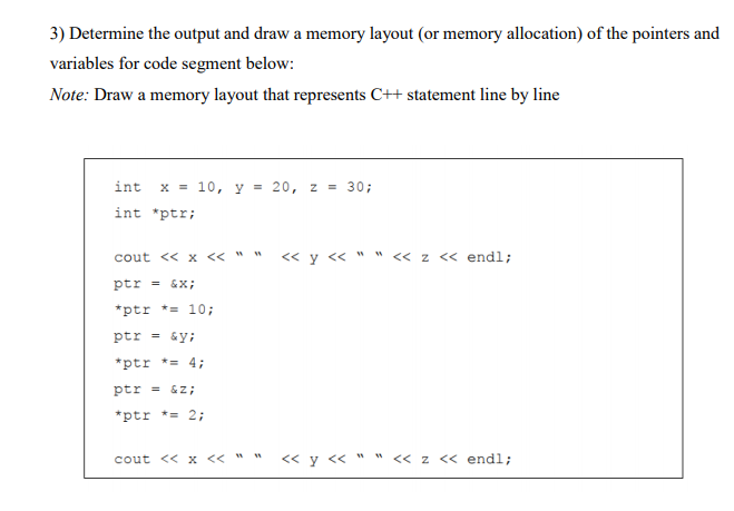 Solved 3) Determine the output and draw a memory layout (or | Chegg.com