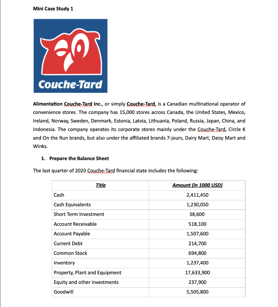 Solved Mini Case Study 1 Alimentation Couche-Tard Inc., or | Chegg.com