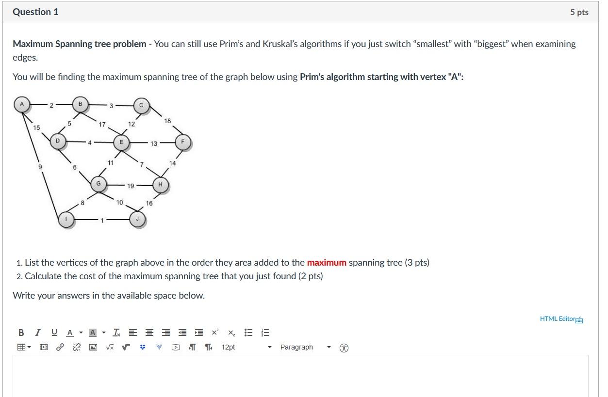 Solved Question 1 5 pts Maximum Spanning tree problem - You | Chegg.com