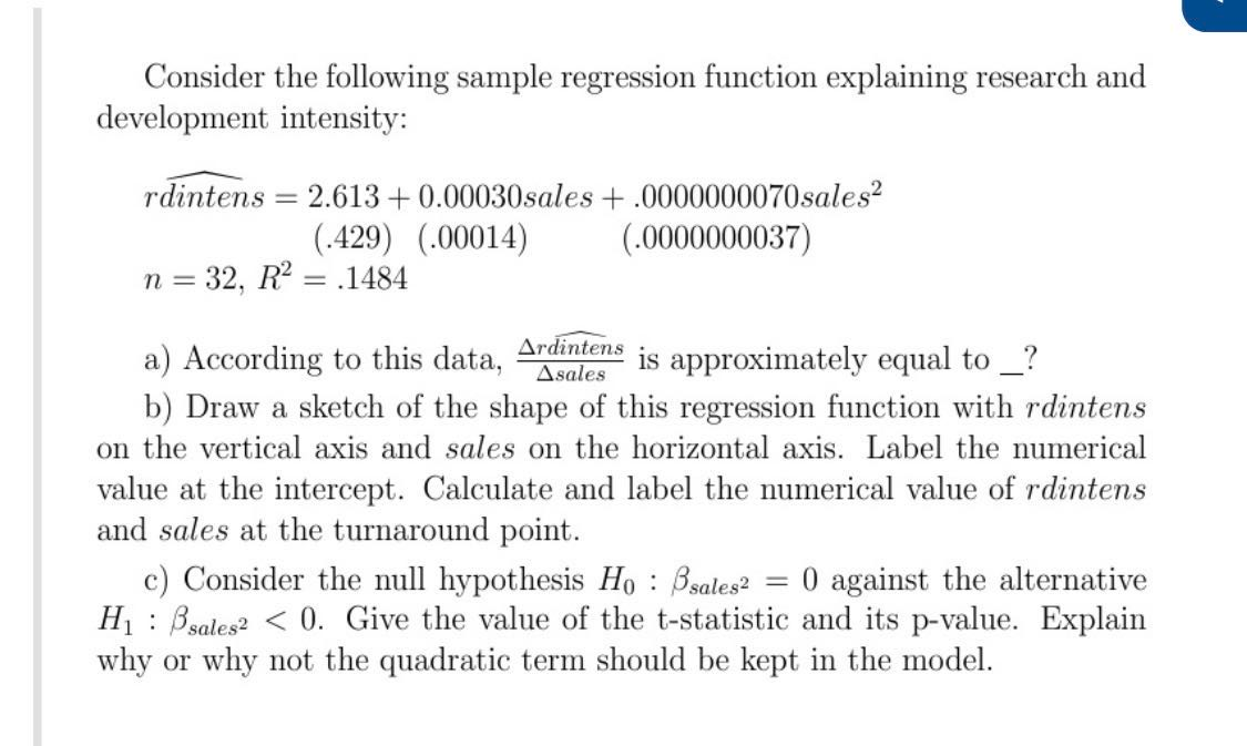 Consider the following sample regression function | Chegg.com