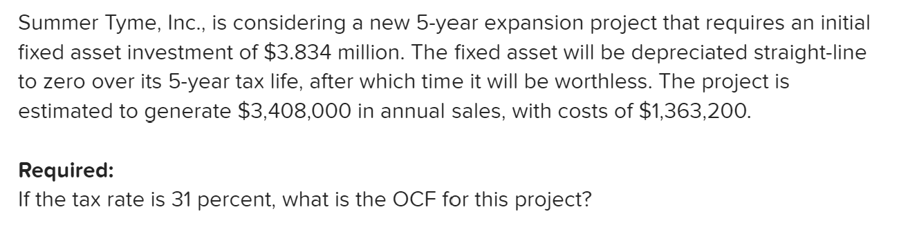 Solved Summer Tyme Inc Is Considering A New 5 Year