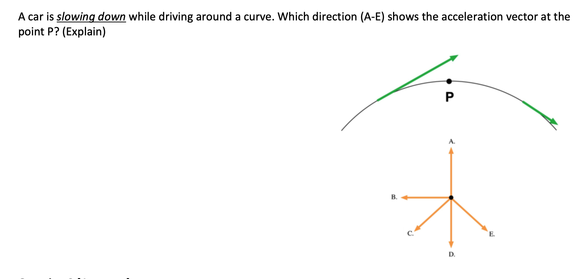 Solved A car is slowing down while driving around a curve. | Chegg.com