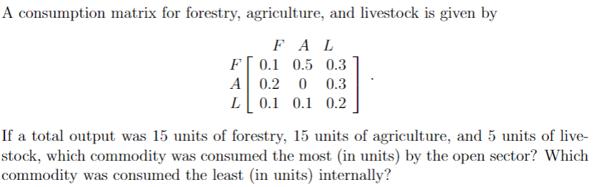 Solved A consumption matrix for forestry, agriculture, and | Chegg.com