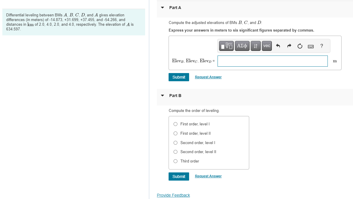Solved Differential leveling between BMs A,B,C,D, and A | Chegg.com
