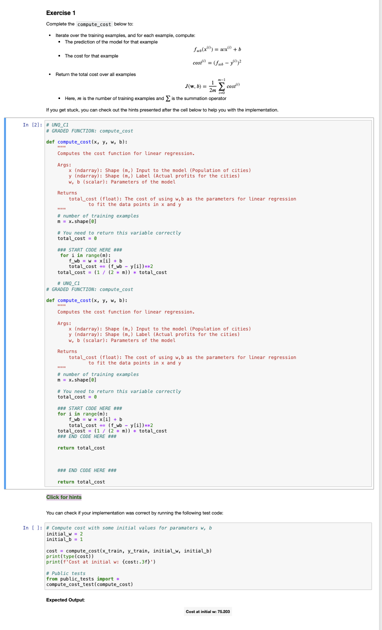 Solved Complete the compute_cost below to:Iterate over the | Chegg.com