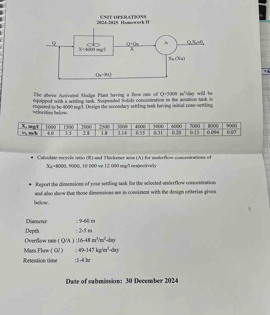 Solved Calculate recycle ratio (R) ﻿and Thickener area (A) | Chegg.com