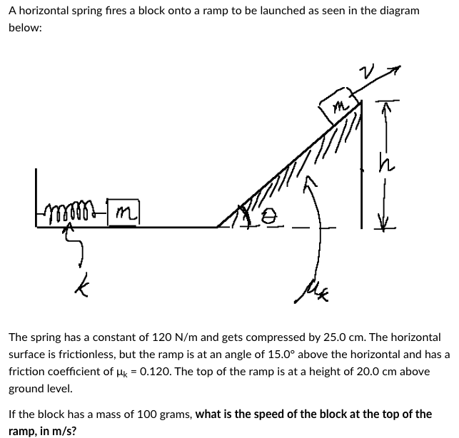 Solved A horizontal spring fires a block onto a ramp to be | Chegg.com