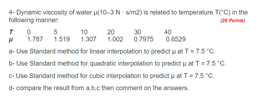 Solved 4- Dynamic viscosity of water μ(10−3 N⋅s/m2) is | Chegg.com