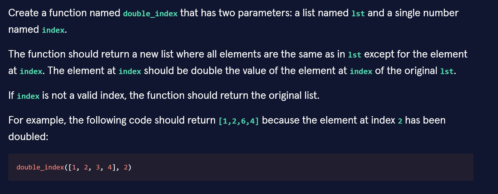 Solved Create a function named double_index that has two | Chegg.com