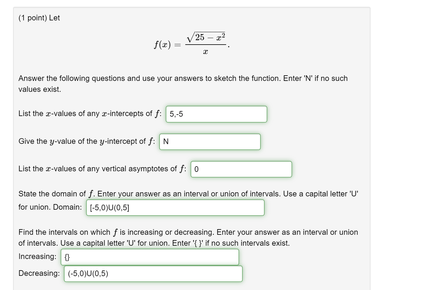 Solved (1 point) Let 25 x2 f(x) = 2 Answer the following | Chegg.com