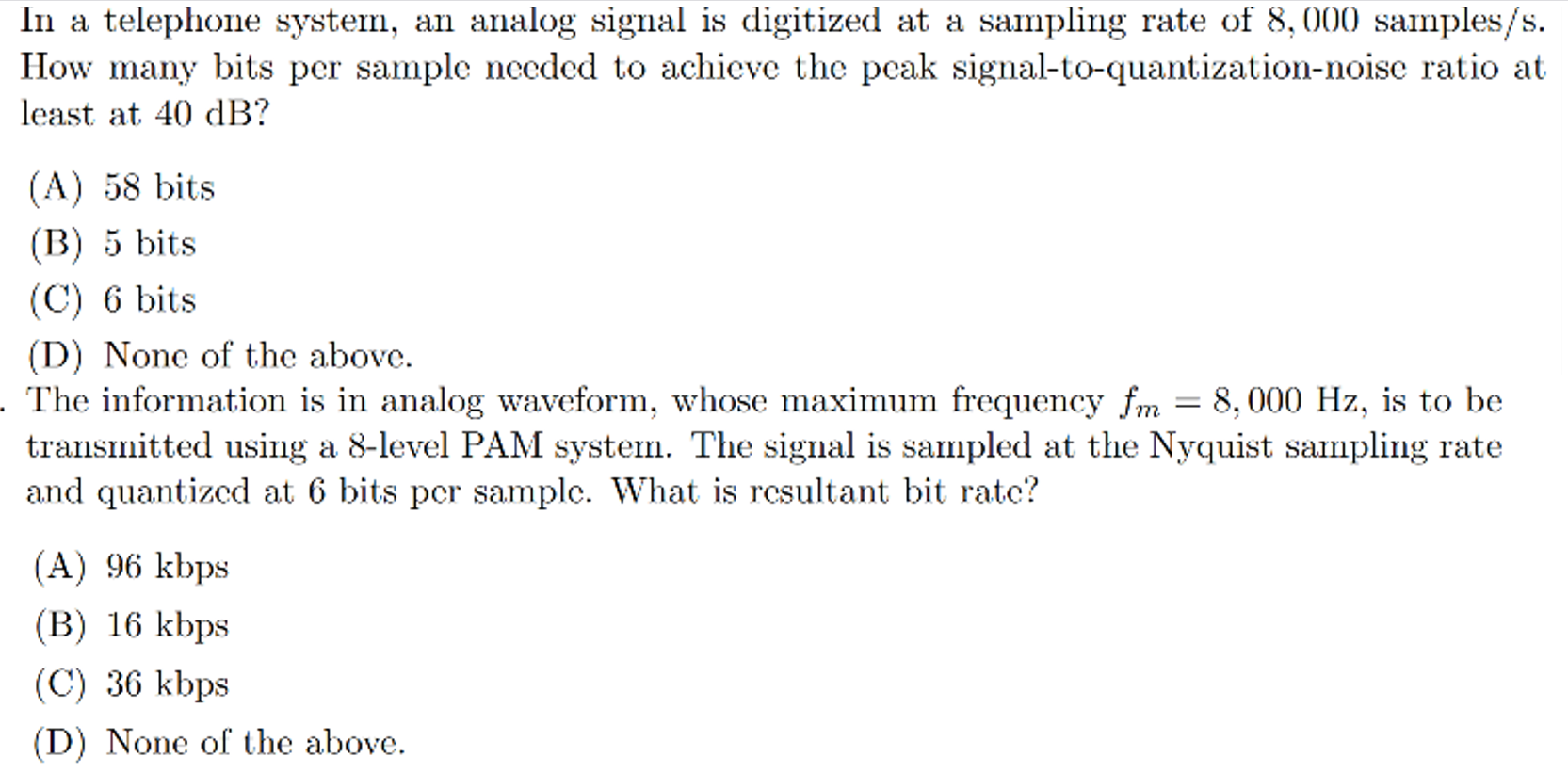 Solved In a telephone system, an analog signal is digitized | Chegg.com