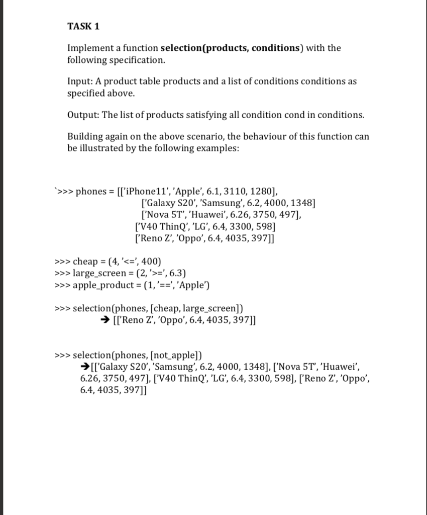 TASK 1 Implement a function selection(products, | Chegg.com