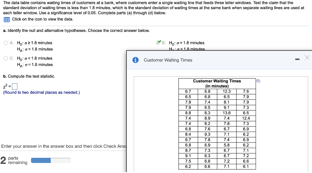Solved The data table contains waiting times of customers at | Chegg.com