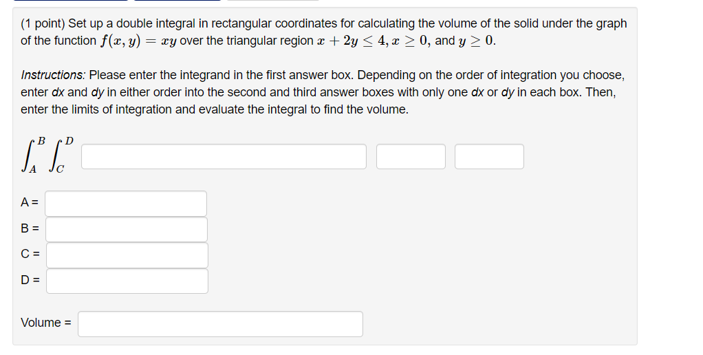 Solved (1 point) Set up a double integral in rectangular | Chegg.com