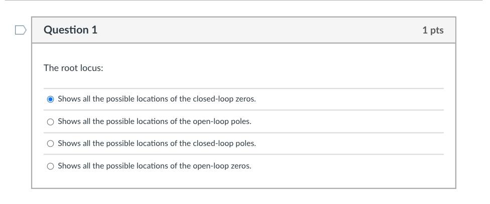 Solved Question 1 1 pts The root locus: Shows all the | Chegg.com