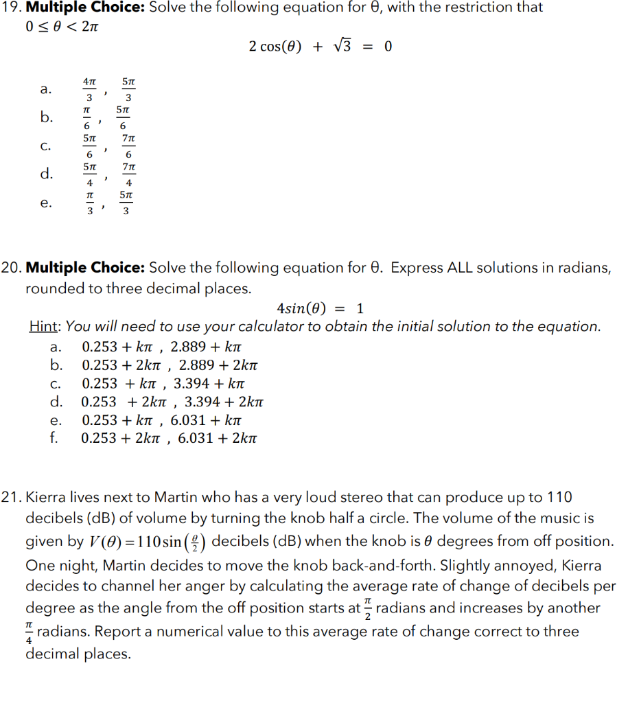 Solved 19. Multiple Choice: Solve the following equation for | Chegg.com