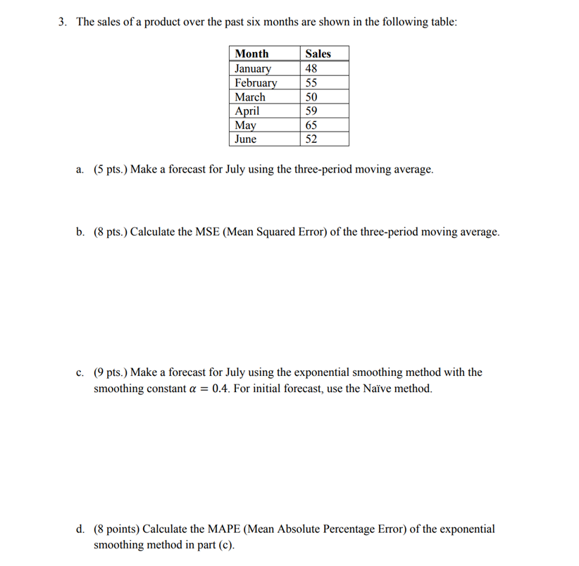 Solved 3. The sales of a product over the past six months | Chegg.com