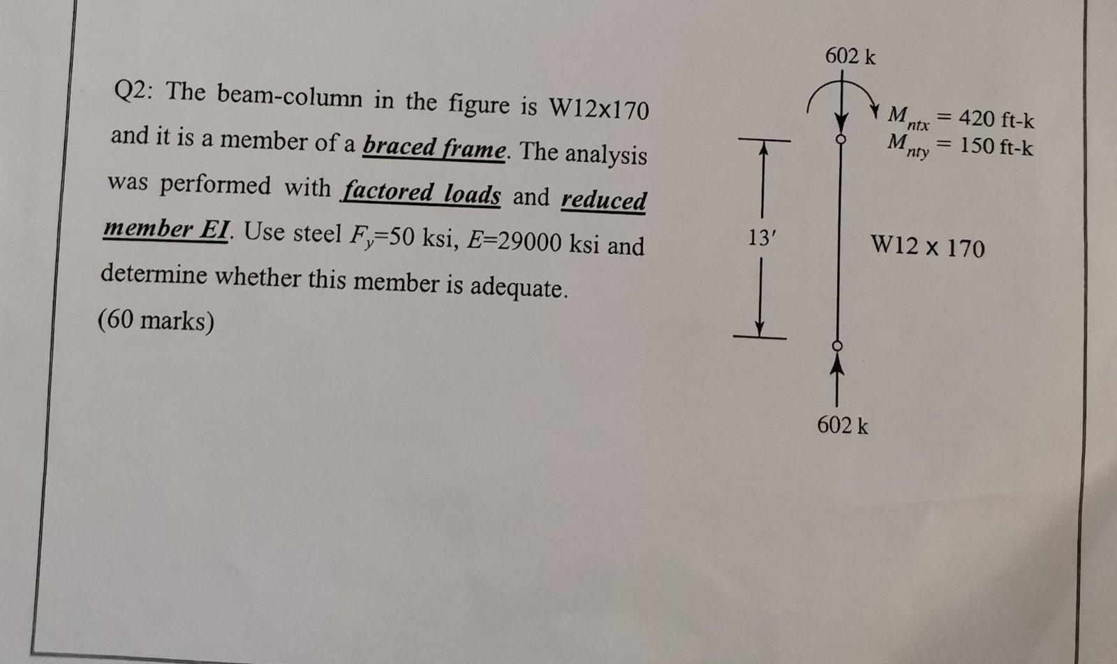 Solved Q2: The beam-column in the figure is W12x170 and it | Chegg.com