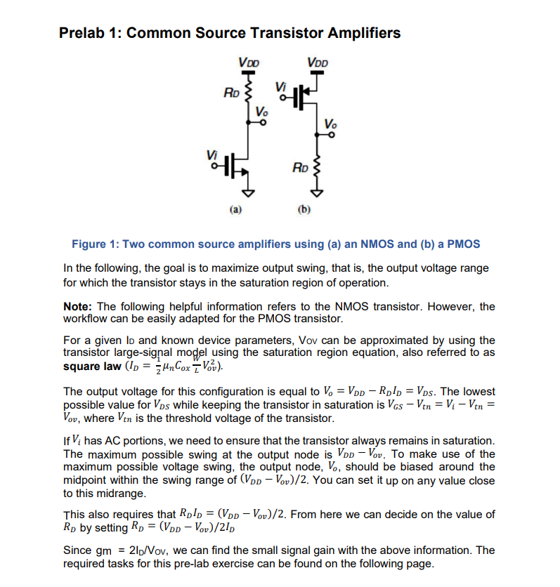 Solved Prelab 1 Common Source Transistor Amplifiers Figure