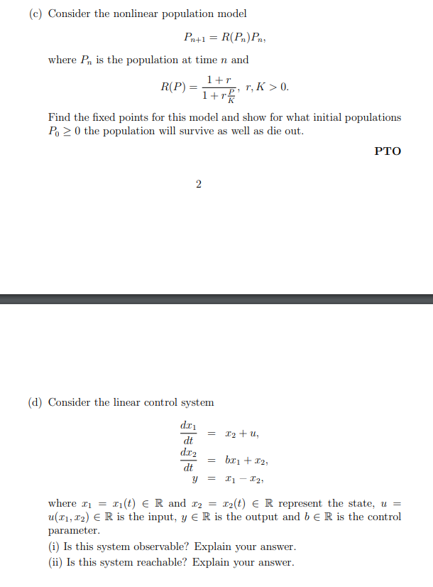 Solved (©) Consider the nonlinear population model Pn+1 = | Chegg.com
