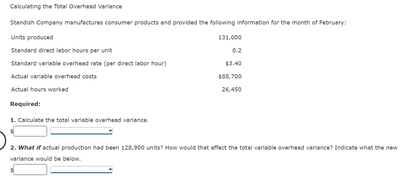 Solved Calculating the Total Overhead Variance Standish | Chegg.com