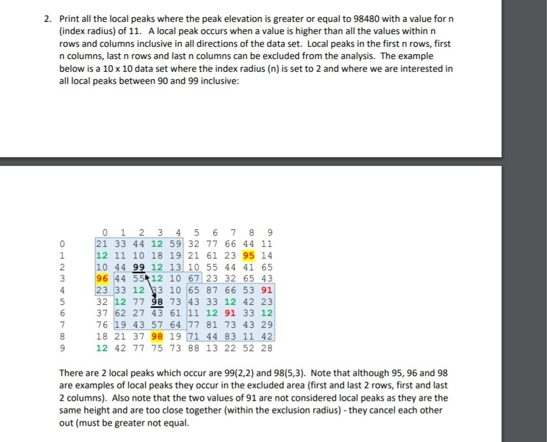 Solved 2. Print all the local peaks where the peak elevation | Chegg.com