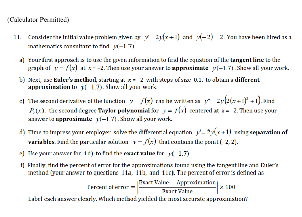 Solved (Calculator Permitted) 11. Consider the initial value | Chegg.com