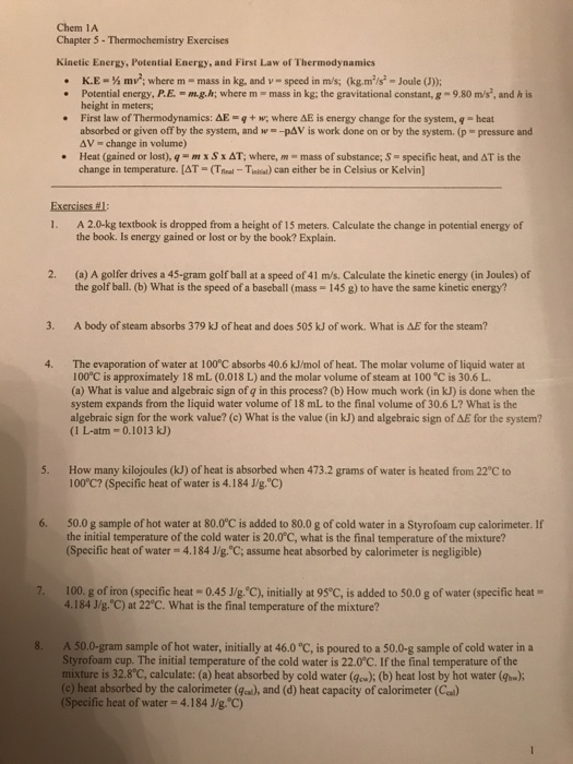 Solved Chem 1A Chapter 5-Thermochemistry Exercises Kinetic | Chegg.com