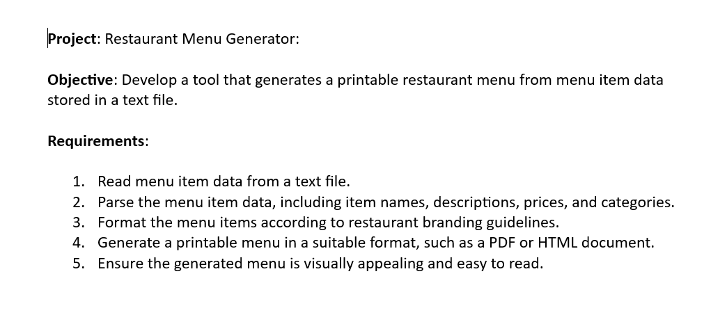 Solved Project Restaurant Menu Generator In Python 