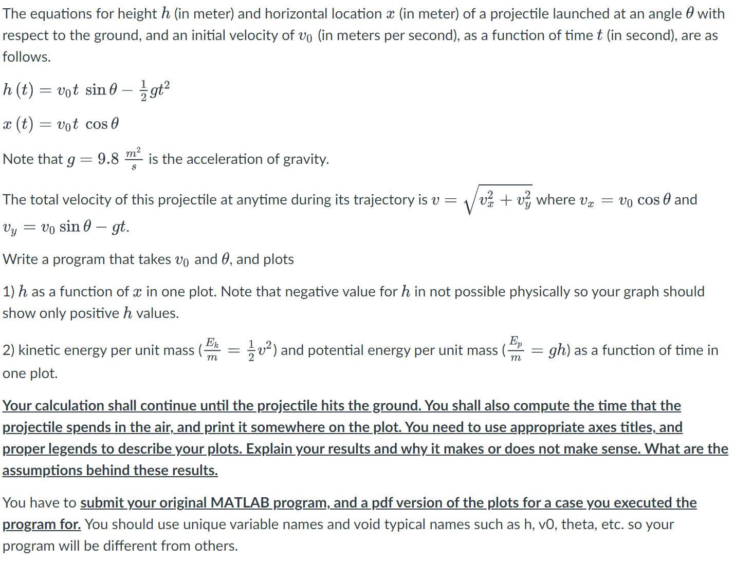 Solved The equations for height h (in meter) and horizontal | Chegg.com