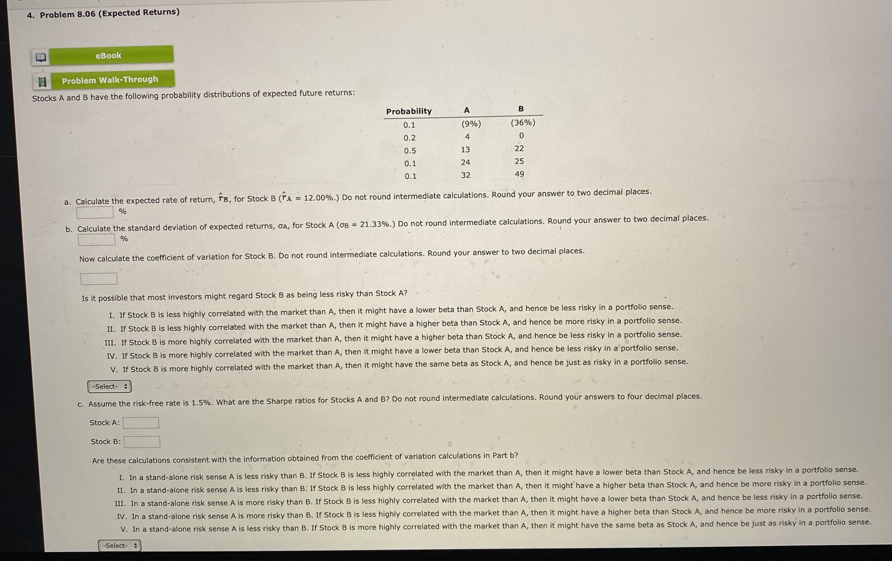 4. Problem 8.06 (Expected Returns) Stocks A and B | Chegg.com