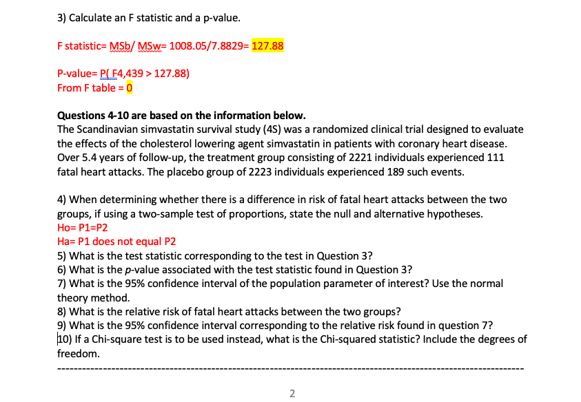 Solved 3) Calculate an F statistic and a p-value. F | Chegg.com