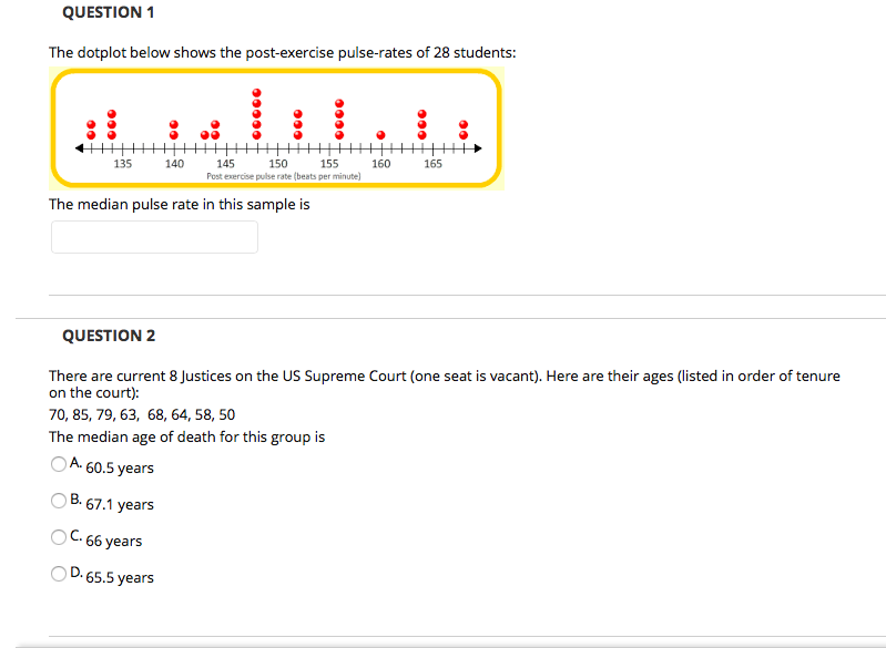 Solved QUESTION1 The dotplot below shows the post-exercise | Chegg.com