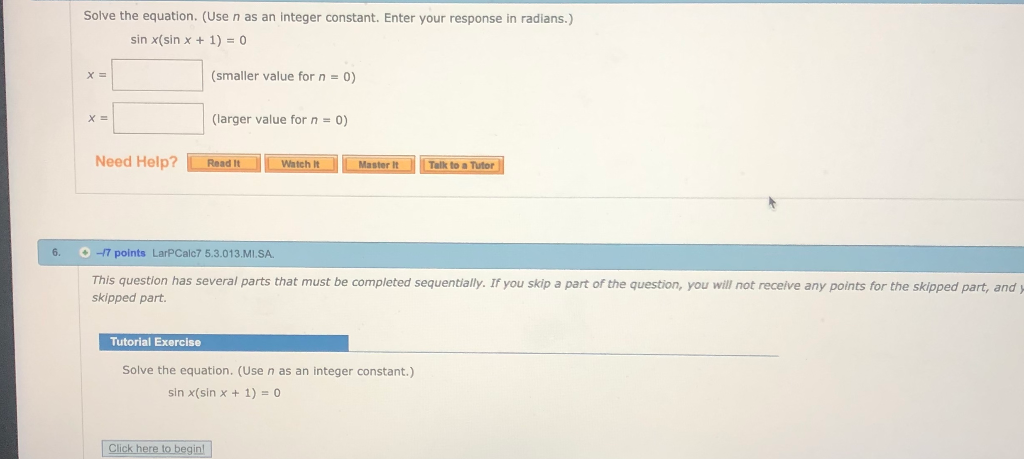 Solved Solve the equation. (Use n as an integer constant. | Chegg.com