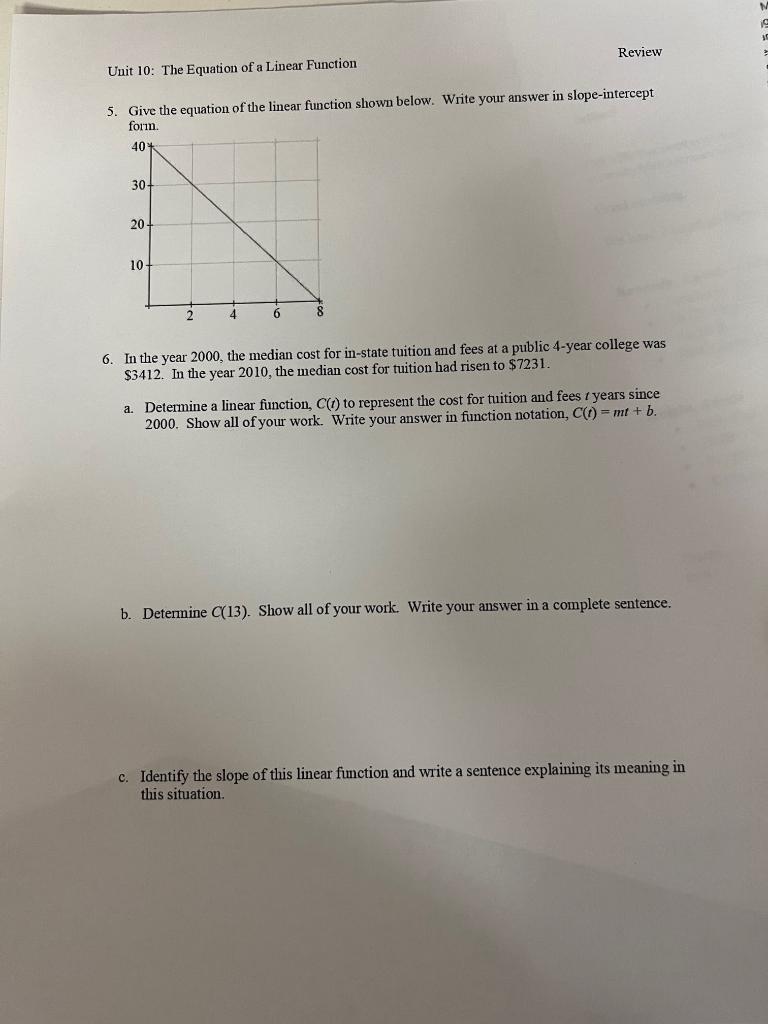 Solved Review Unit 10: The Equation of a Linear Function. 5. | Chegg.com
