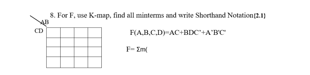 Solved 8. For F, use K-map, find all minterms and write | Chegg.com