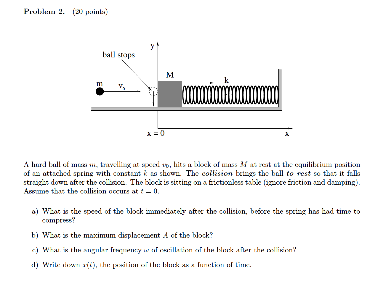 Solved Problem 2. (20 points) V 1 ball stops M k WW X = 0 A | Chegg.com