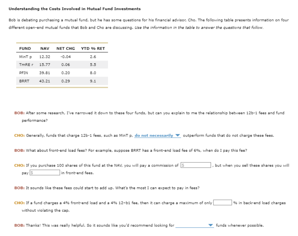 Solved Understanding the Costs Involved in Mutual Fund | Chegg.com